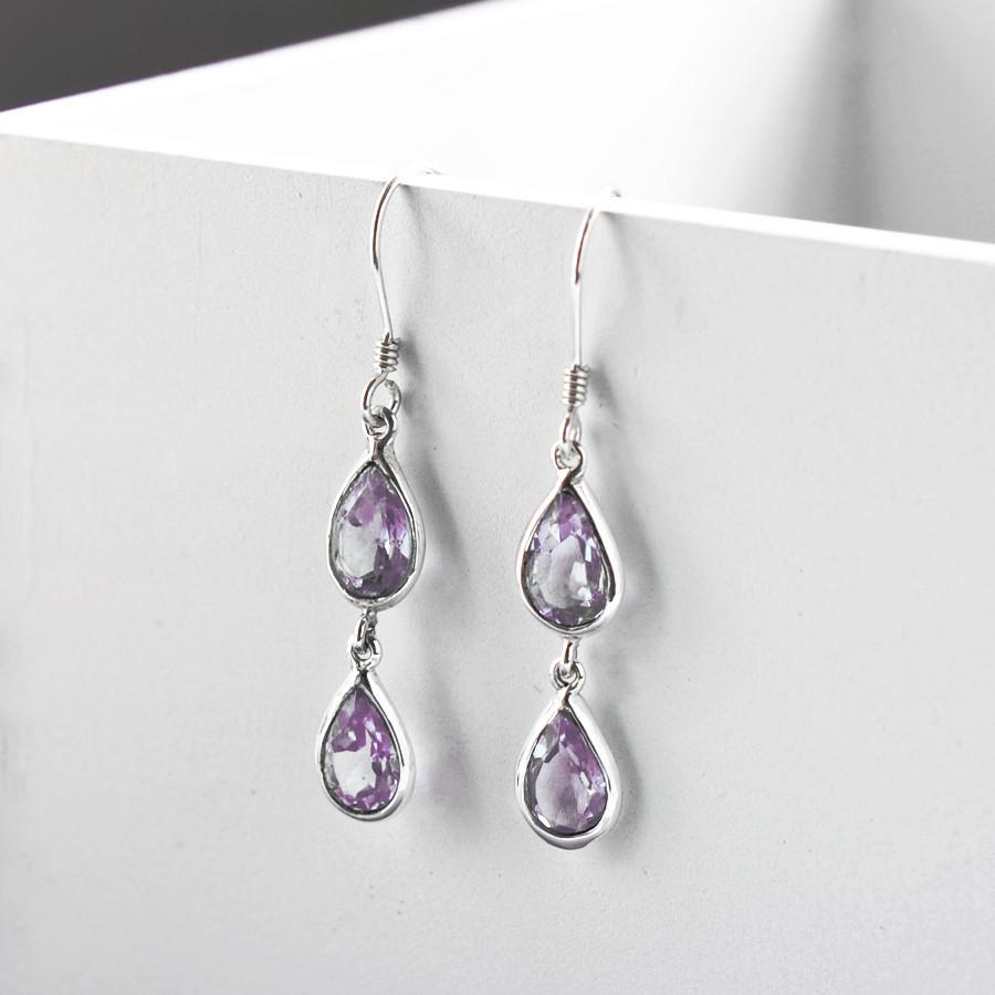 Sterling Silver Double Amethyst Dangly Teardrops | Martha Jackson
