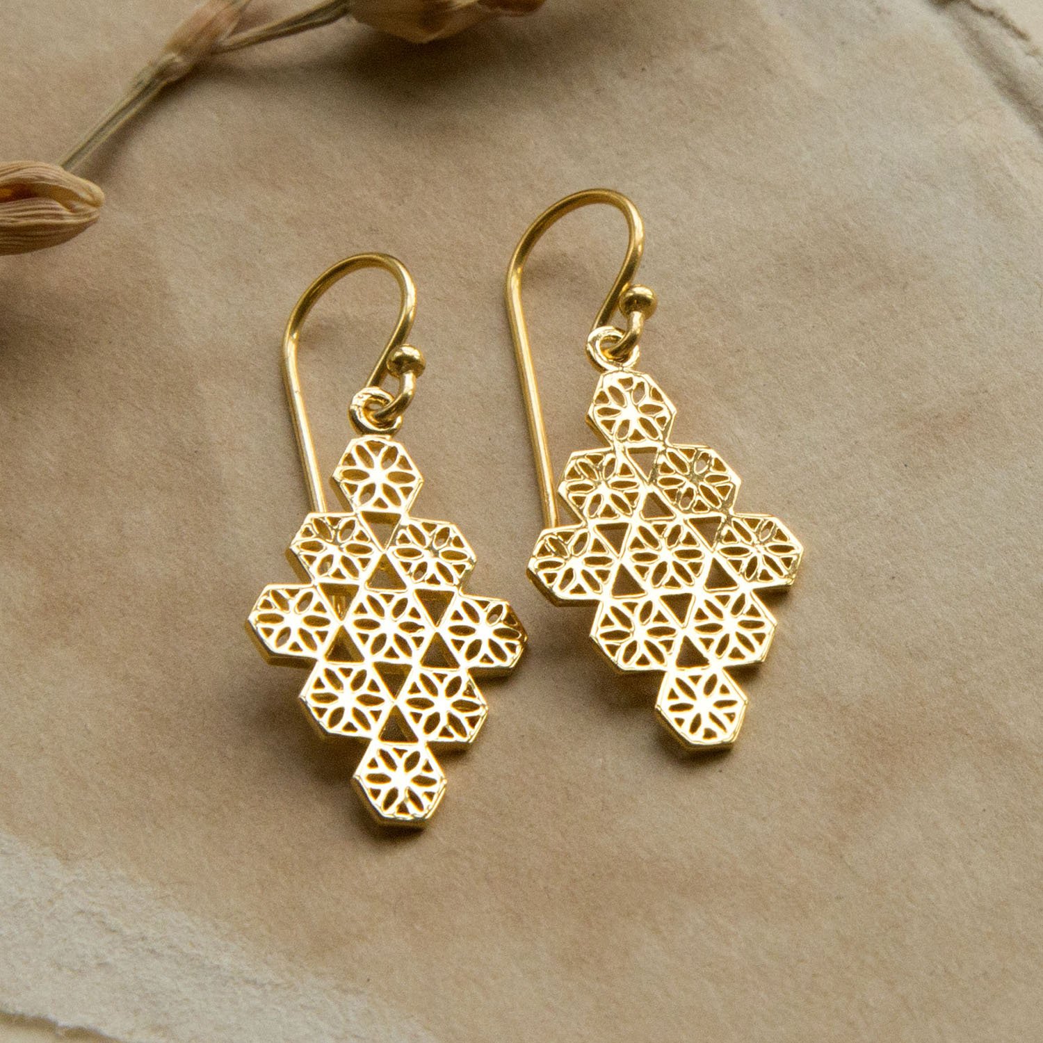 Gold Plated Sterling Silver Dangly Moroccan Tile Earrings | Martha Jackson