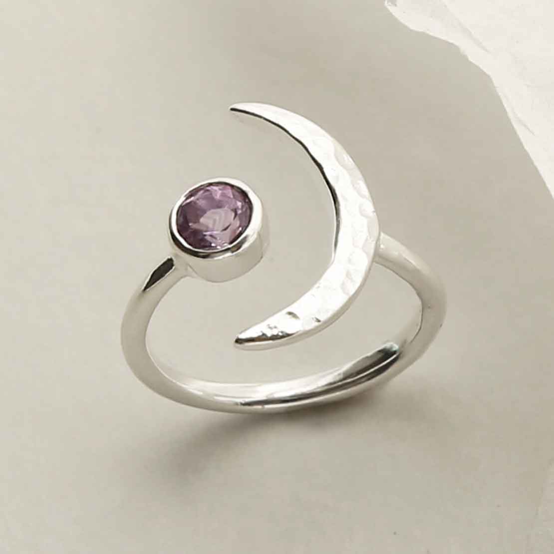 Sterling Silver Amethyst Moon Adjustable Ring | Martha Jackson Jewellery