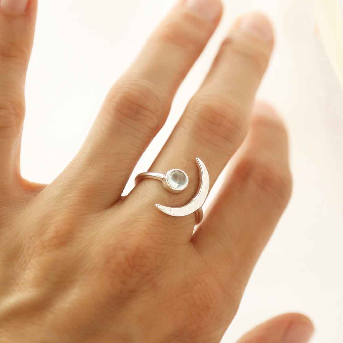 Sterling Silver Blue Topaz Moon Adjustable Ring - Martha Jackson Silver