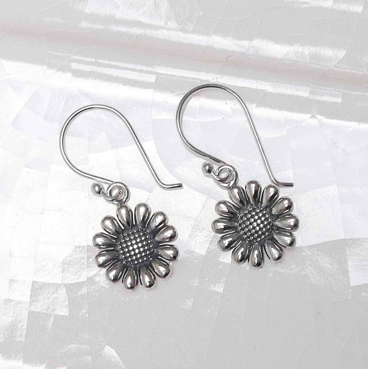 Sterling Silver Oxidised Delicate Daisy Dangly Earrings | Martha Jackson